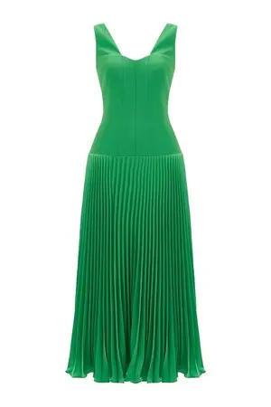 EXQUISE Pleated Belt Detail Midi Crepe Dress - Green