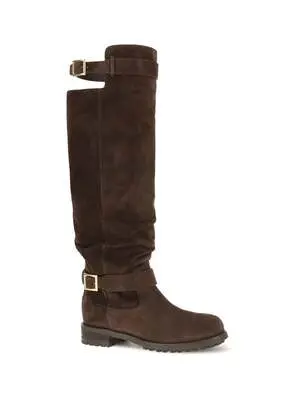 JIMMY CHOO Knee-high Buckled Suede Biker Boots - Brown