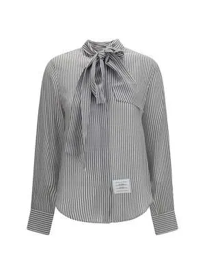 Thom Browne Striped Silk Shirt With Removable Collar - Gray