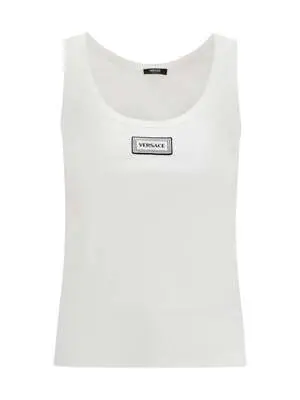 Versace Ribbed Stretch Cotton Tank Top With Logo Patch - White