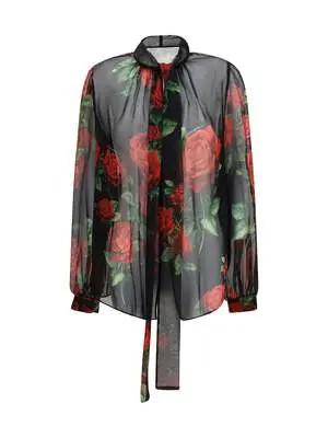 Dolce & Gabbana Rose Print Chiffon Blouse - Black
