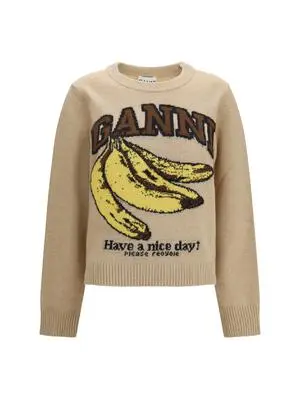 GANNI Wool Graphic Sweater - Cream