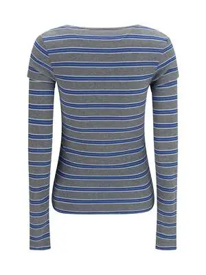 GANNI Ribbed V-neck Long Sleeve T-shirt - Gray