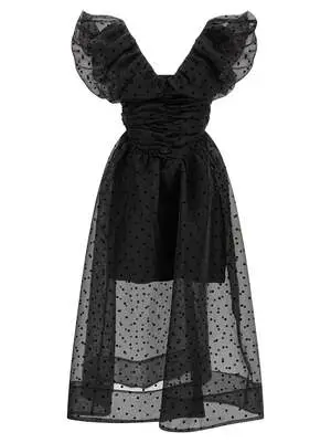 GANNI Organza Ruched Midi Dress - Black