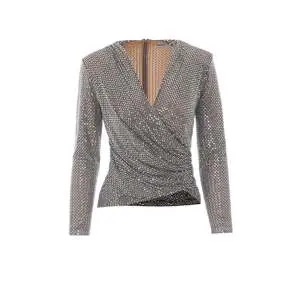 SELF-PORTRAIT Rhinestone Mesh Long Sleeve Top - Gray