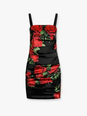 Dolce & Gabbana Short Satin Dress With Rose Print - Multicolor