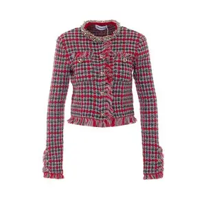 SELF-PORTRAIT Check Frayed Knit Jacket - Red