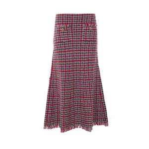SELF-PORTRAIT Check Frayed Knit Midi Skirt
