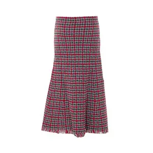 SELF-PORTRAIT Check Frayed Knit Midi Skirt