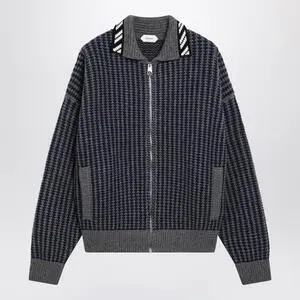 Versace Wool Zip-up Cardigan With Geometric Intarsia - Gray
