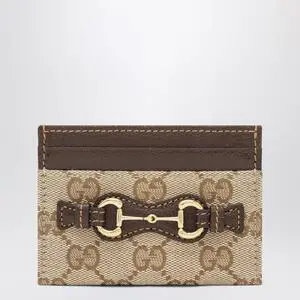 Gucci Horsebit Card Holder In Gg Fabric In Beige/brown - Cream