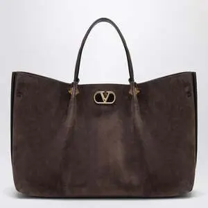 Valentino Garavani Large Rockstud Ebony Suede Shopping Bag - Brown