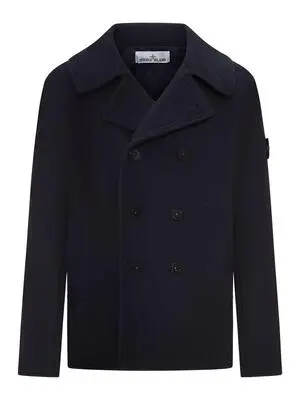 Stone Island Navy Double-breasted Wool And Cashmere Blend Jacket - Blue