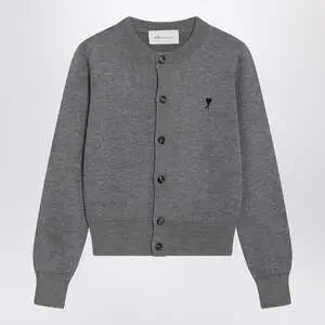 AMI Paris Grey De Coeur Wool Cardigan - Gray