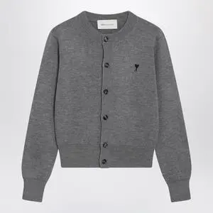 AMI Paris Grey De Coeur Wool Cardigan - Gray