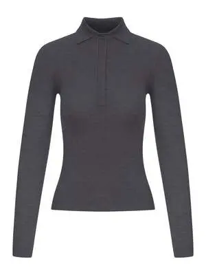 Max Mara Grey Ribbed Knit Polo Shirt