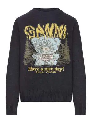 GANNI Wool Sweater With Teddy Graphic - Gray