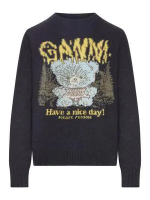 GANNI GANNI Wool Sweater With Teddy Graphic Gray