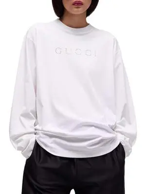 Gucci Printed Cotton Jersey Long Sleeve T-shirt - White