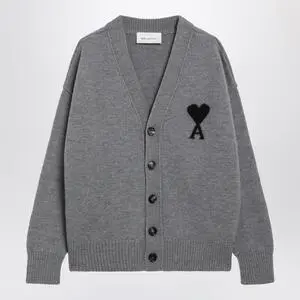 AMI Paris Grey Merino Wool De Coeur Cardigan - Gray