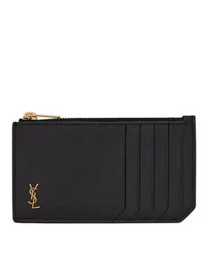 Saint Laurent Fragments Tiny Cassandre Zipped Card Holder In Glossy Leather