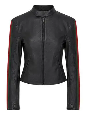 Gucci Leather Biker Jacket With Web Stripe Detail