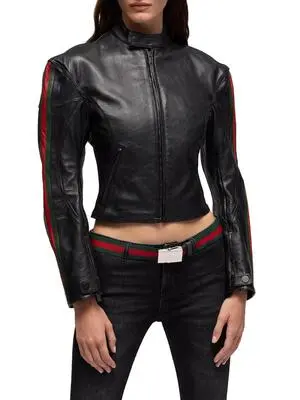 Gucci Leather Biker Jacket With Web Stripe Detail