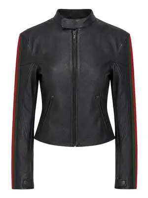 Gucci Leather Biker Jacket With Web Stripe Detail - Black