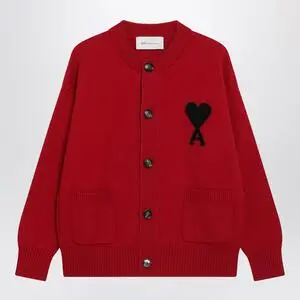 AMI Paris Ruby Merino Wool De Coeur Cardigan - Red