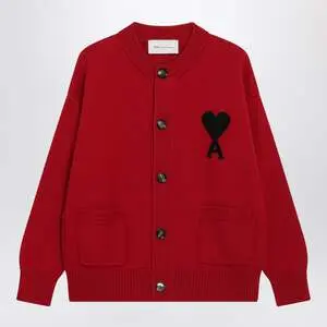 AMI Paris Ruby Merino Wool De Coeur Cardigan - Red