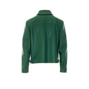Bottega Veneta Emerald Leather Jacket With Intrecciato Collar