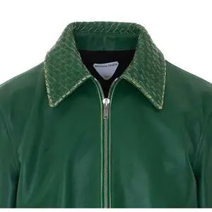 Bottega Veneta Emerald Leather Jacket With Intrecciato Collar