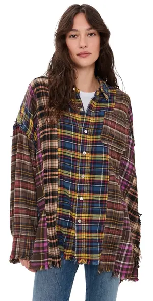 R13 Spliced Drop Neck Button Down Shirt - Blue Multi Plaid
