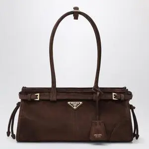 Prada Bonnie Medium Suede Leather Handbag In Moro - Brown