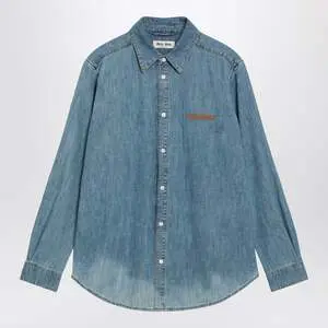 Miu Miu Bleached Cotton Chambray Shirt In Light - Blue