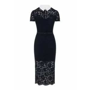 SELF-PORTRAIT Lace Contrast Collar Midi Dress - Black