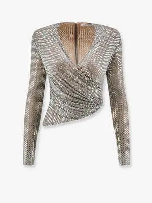SELF-PORTRAIT Mesh Top With All-over Rhinestones - Gray