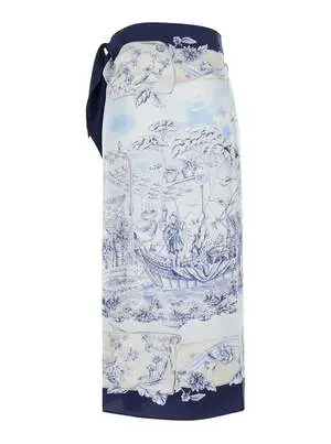 FERRAGAMO Blue Wraparound Skirt With Drawstring Waist Closure And All-over Print In Silk For - Multicolor