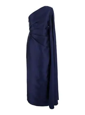 Solace London Veya' Blue Long Dress With Asymmetric Neckline And Draping In Tech Fabric - Multicolor