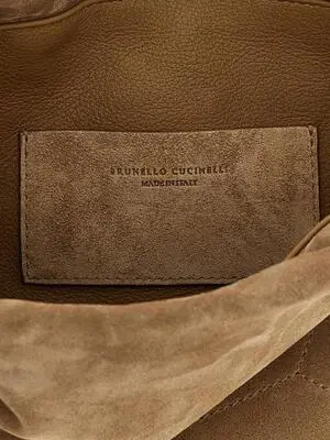 Brunello Cucinelli Suede Shoulder Bag With Logo On The Front - Cream