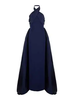 Solace London Rumi' Blue Long Dress With Crossed Halterneck And Single Slit On The Back In Tech Fabric - Multicolor
