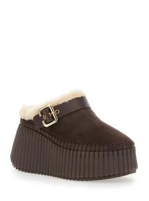 Chloé Brown Mule With Fur Lining And Leather Sole - Multicolor