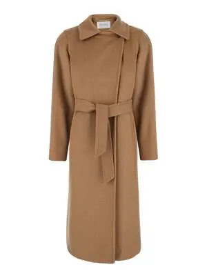 Max Mara Beige Coat With Off-center Closure And Belt In Blend Wool