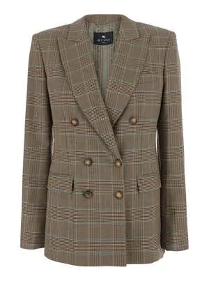Etro Beige Double-breasted Jacket With Peak Lapels And Check Motif In Wool Blend For - Multicolor