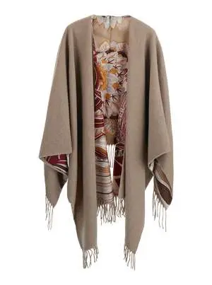 FERRAGAMO Beige Cape With High Collar And Leather Front Closure For