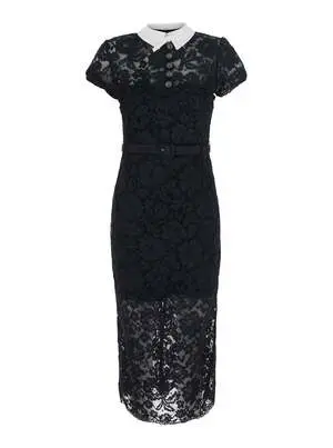 SELF-PORTRAIT Black Long Dress With Contrasting Collar And All-over Lace Embroidery In Tech Fabric For - Multicolor
