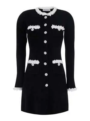 SELF-PORTRAIT Black Mini Dress With Floral Decorations In Blend Viscose - Multicolor