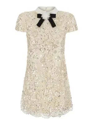 SELF-PORTRAIT Beige Mini Dress With Bow On The Front And All-over Sequin Embroidery In Tech Fabric For - Multicolor