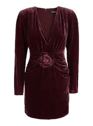 ROTATE BY BIRGER CHRISTENSEN Bordeaux Mini Dress With V-neck And Floral Detail On The Front In Velvet For - Multicolor