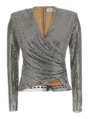 SELF-PORTRAIT Silver Colored Top With Draping And Applied Jewels All-over In Tech Fabric - Multicolor